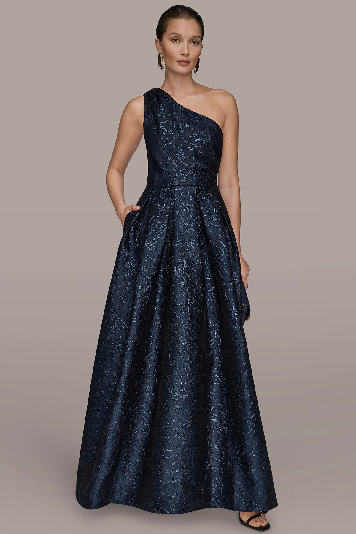 Metallic Floral Jacquard One Shoulder Ball Gown | Gown | Donna Karan