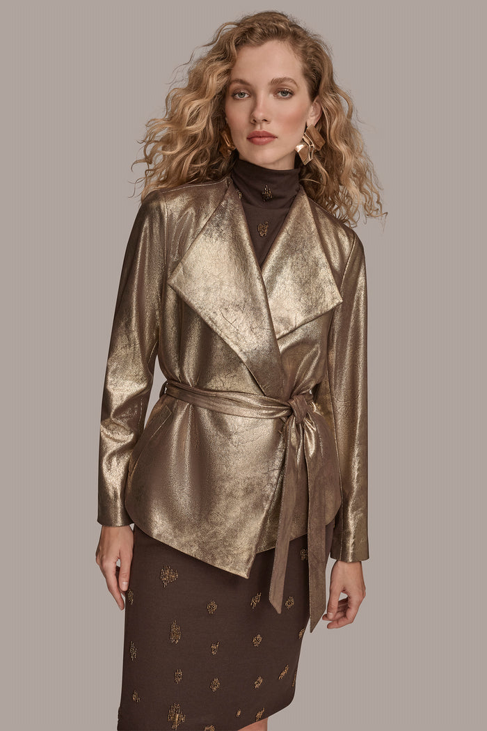 Belted Metallic Flyaway Jacket | Donna Karan