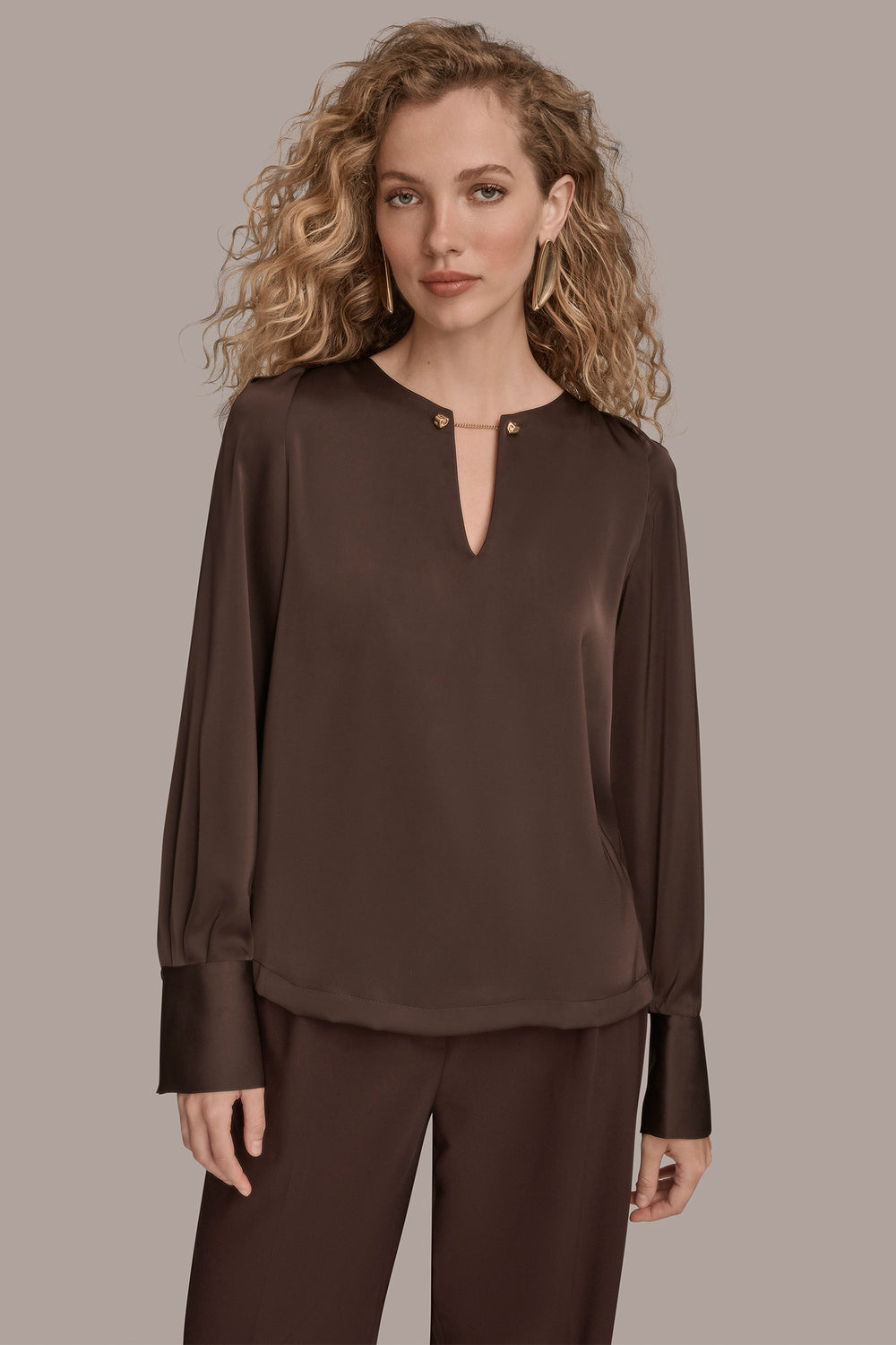 Satin Long Sleeve Keyhole Top | Donna Karan