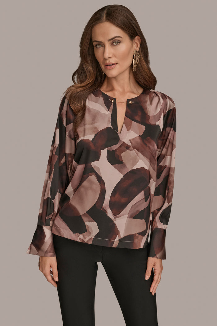 Printed Long Sleeve Keyhole Top | Donna Karan