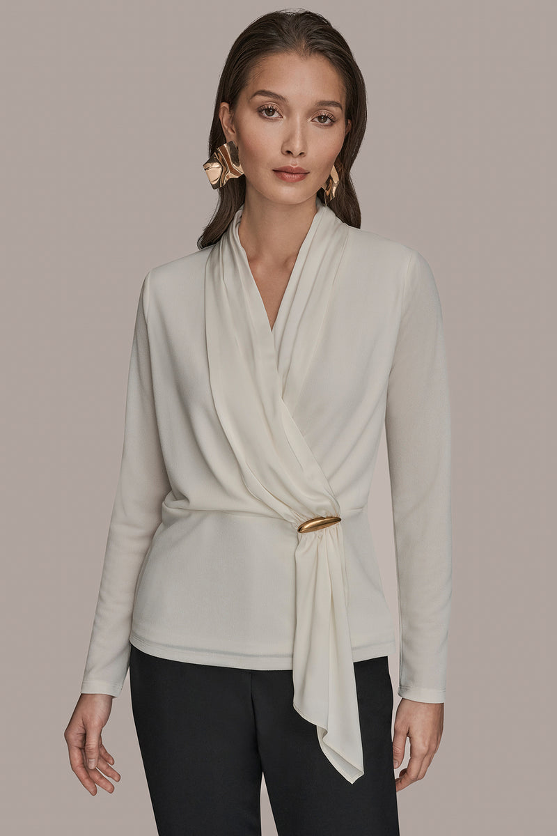 Long Sleeve Shawl Neck Satin Blouse | Donna Karan