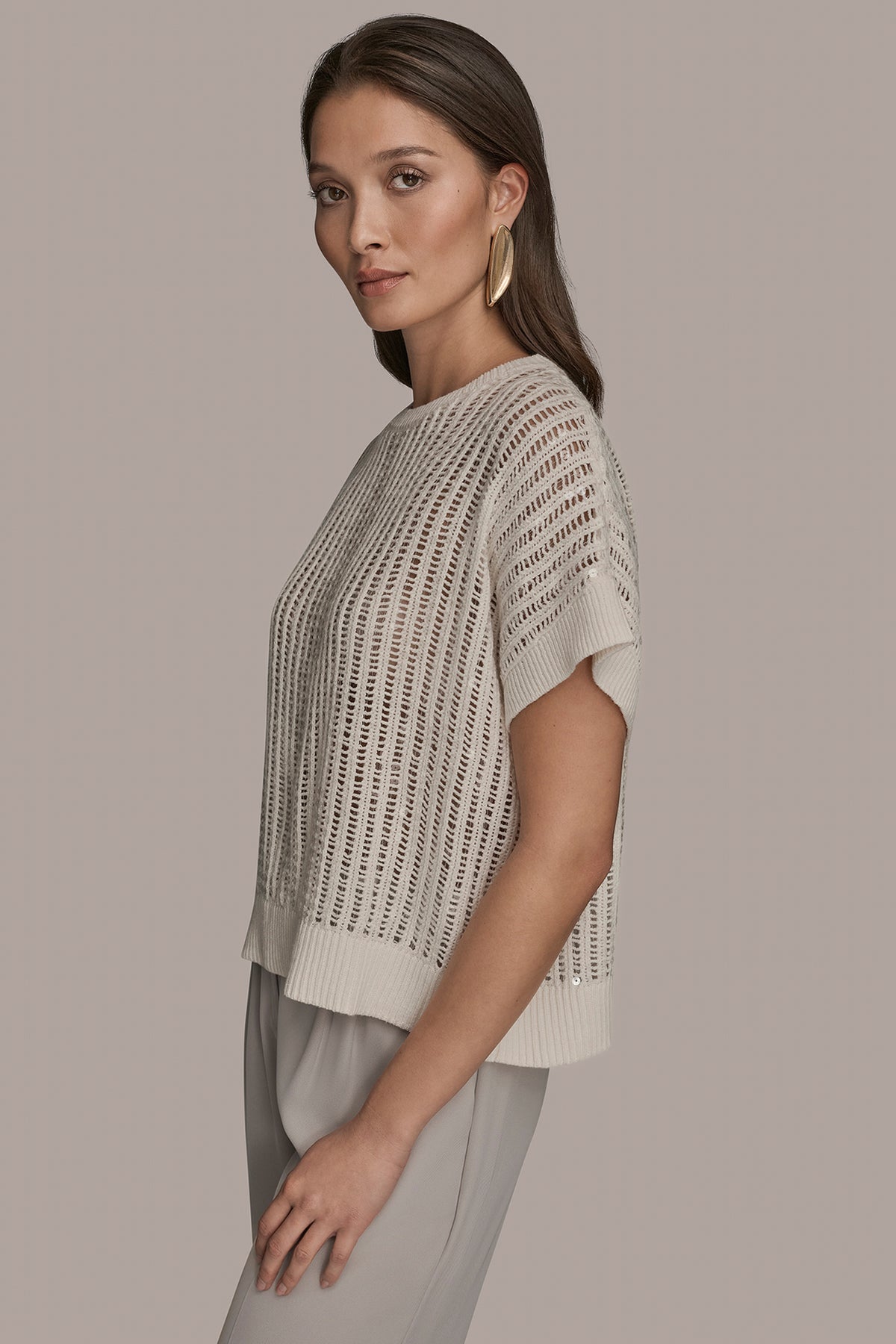 Cotton Blend Sequin Open Knit Sweater | Pullover | Donna Karan