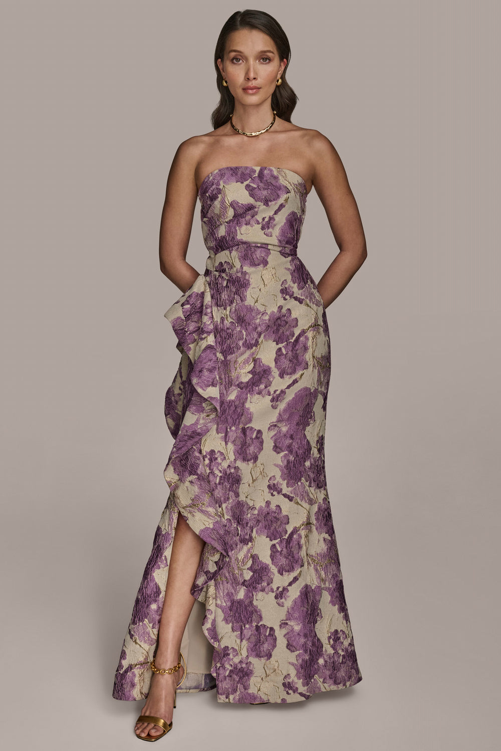 Floral Brocade Strapless Ruffled Gown | Gown | Donna Karan