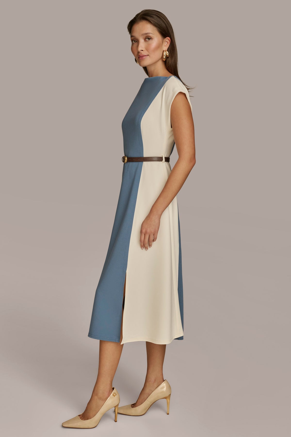 Belted Colorblock A Line Midi Dress | A-Line Dress | Donna Karan