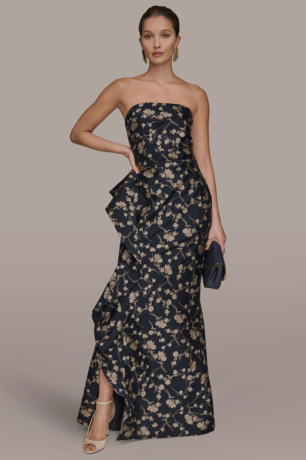 Strapless Floral Ruffled High Split Gown | Gown | Donna Karan