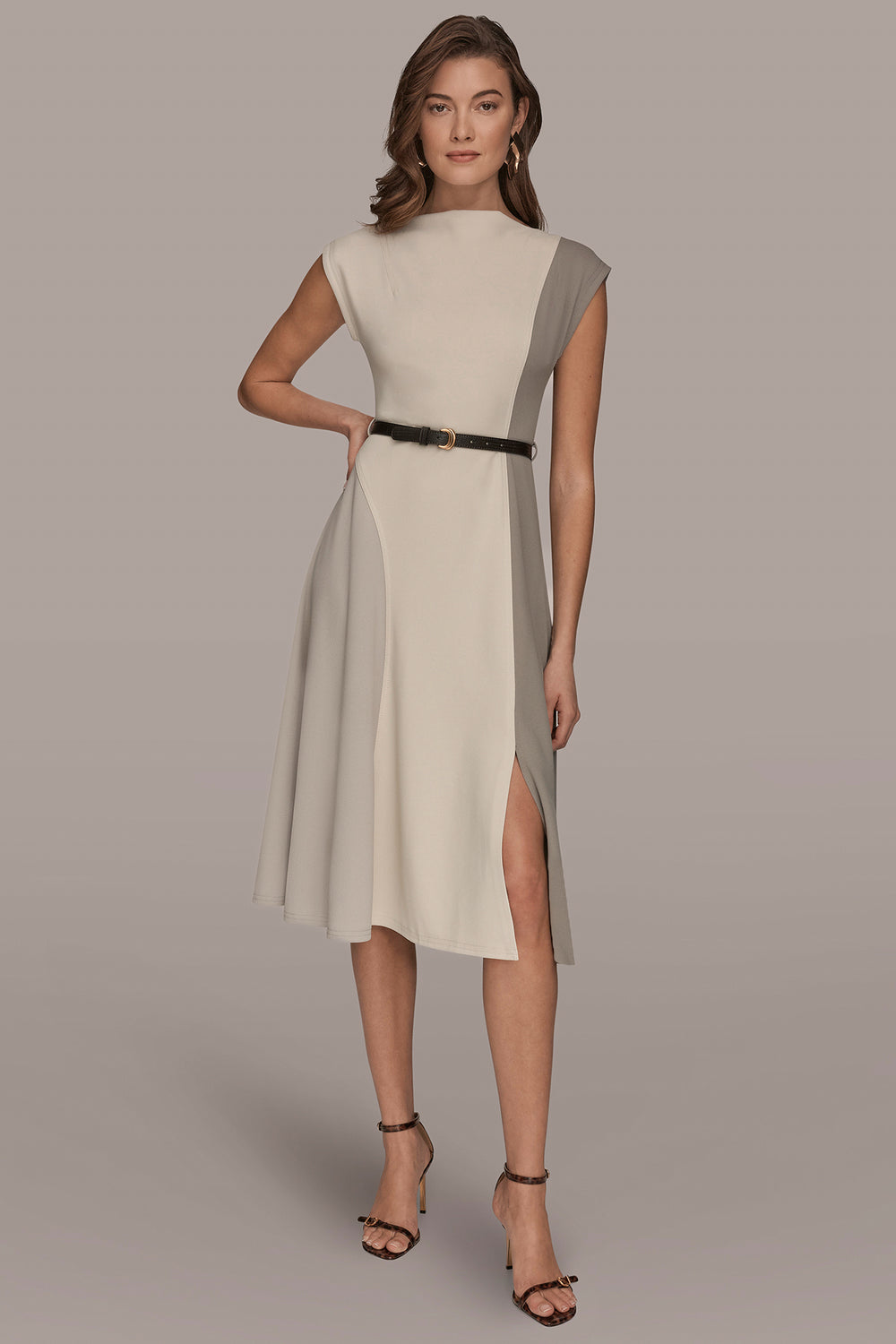 Cap Sleeve Color Block Midi Dress | Fit and Flare | Donna Karan