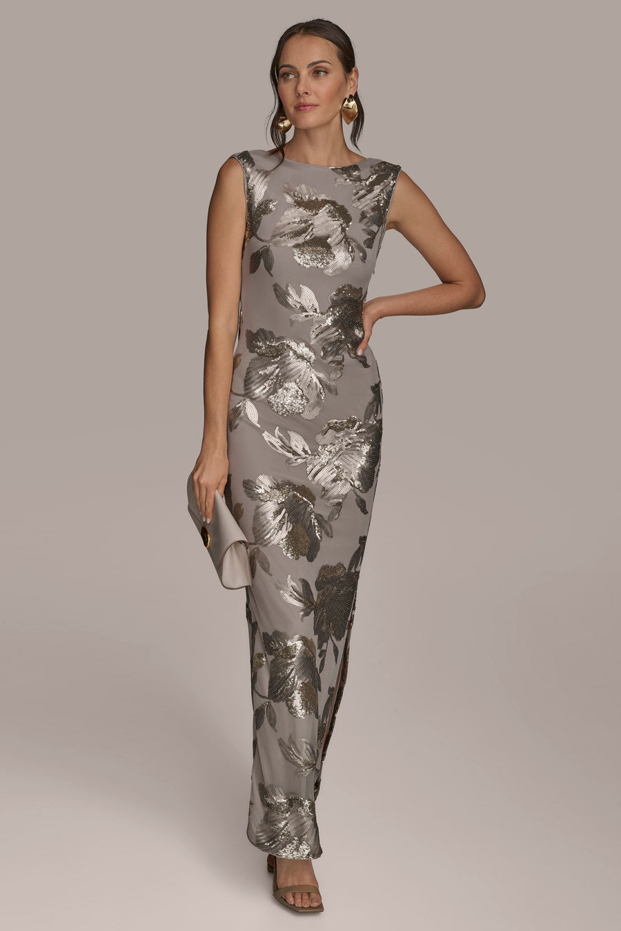 Sleeveless Floral Sequin Cowl Back Gown | Gown | Donna Karan