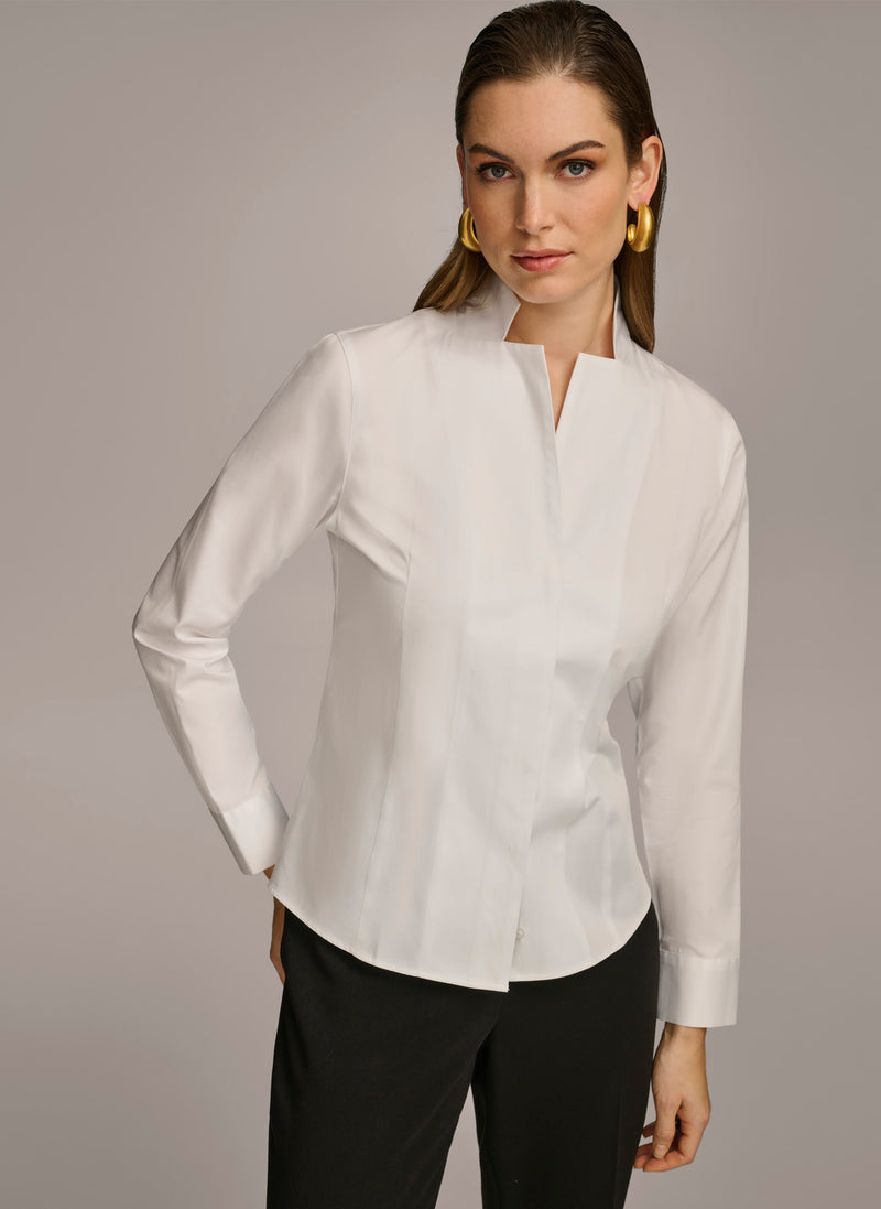 Cotton Notch Collar Button Down | Blouse | Donna Karan